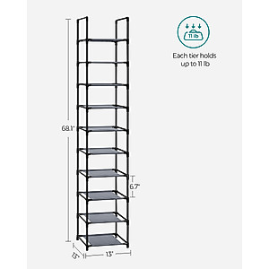 SONGMICS Shoe Rack, 10 Tier Shoe Shelf, Shoe Storage Organizer, Space-Saving, 13 x 13 x 68.1 Inches, Metal Frame, Non-Woven Fabric Shelves, for Entryway, Bedroom, Grey ULSR110G01