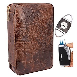 AMANCY Manly Black Brown Crocodile Pattern Leather Travel Cedar Wood Lined 4 Cigar Humidor Case, Included Cigar Cutter and Lighter Set