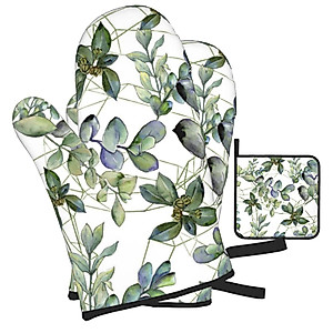 YILEQUAN Green Eucalyptus Leaves Print Oven Mitts and Pot Holders Sets,Kitchen Oven Glove High Heat Resistant 500 Degree Oven Mitts and Potholder,Surface Safe Baking, Cooking, BBQ,Pack 3 One Size