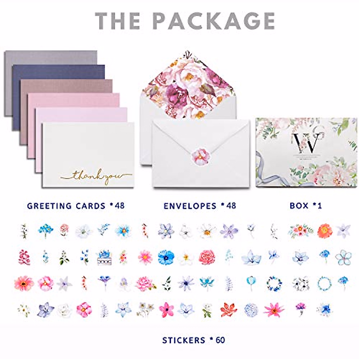 Thank You Cards-48 Bulk Blank Gold Foil Sets(6 Colors) Blank Greeting Cards for Baby & Bridal Shower, Appreciation,Wedding & Birthdays