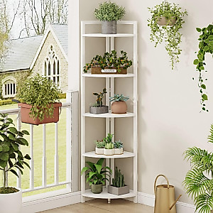 FATORRI Tall Corner Shelf, 5 Tier Modern Corner Bookshelf Stand, Wood and Metal Corner Plant Bookcase for Living Room, Corner Space (White Oak)