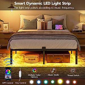 HOOBRO Queen Bed Frame with LED Lights, Metal Platform Bed Frame with Charging Station, 2 Outlets and 2 USB Ports, Heavy Duty Queen Size Bed Frame with End Stop, Ample Under Bed Space, Black