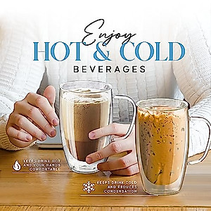 Kitchables Double Wall Glass Coffee Mugs Set of 2, 15oz with Handle Insulated Glass Coffee Mug without Handle, Clear Coffee Mugs, Tasas Transparente Para Café Bonitas