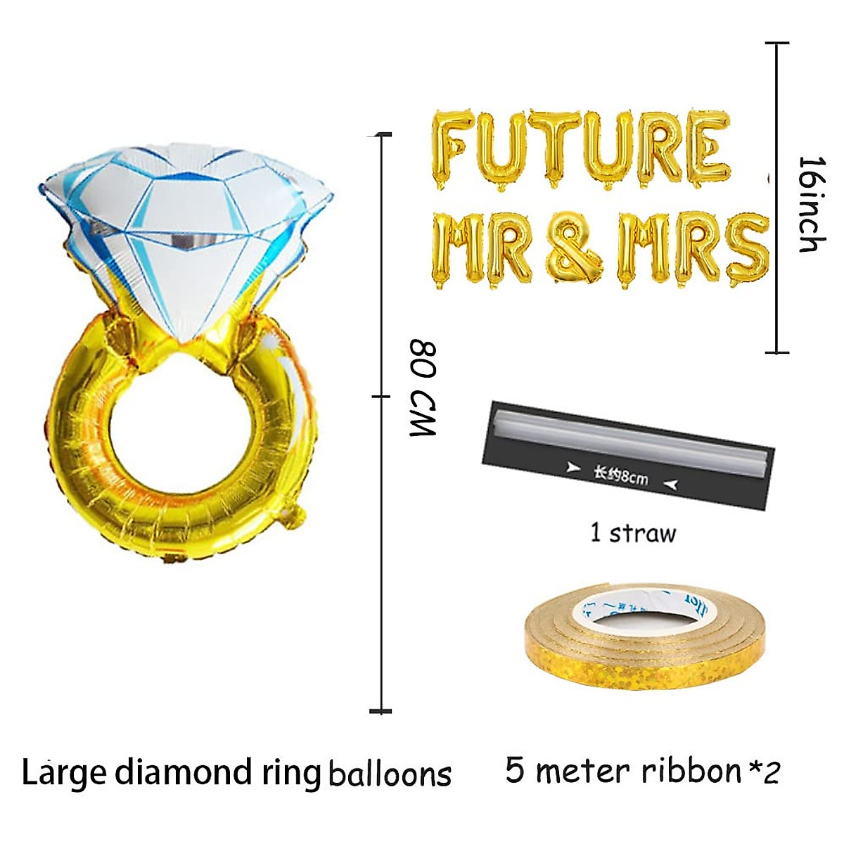 KUNGOON Gold FUTURE MR & MRS Balloon Banner,Diamond Ring Theme Bride and Groom Party Decorations for Bridal Shower and Engagement Party.
