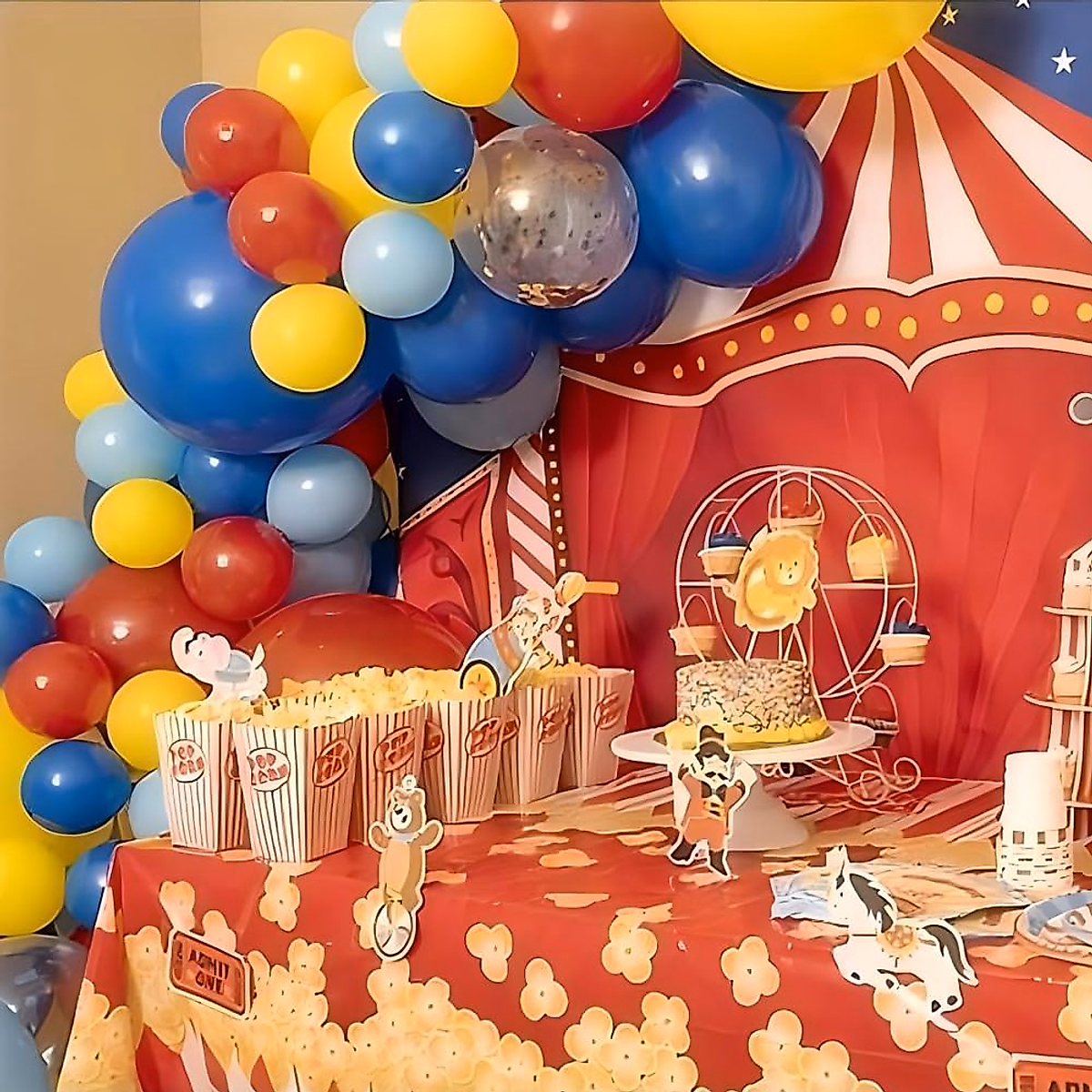 60pcs Carnival Circus Balloon 12 Inches Red Yellow and Blue Balloons with Rainbow Confetti Balloons for Birthday Party Carnival Theme Decorations