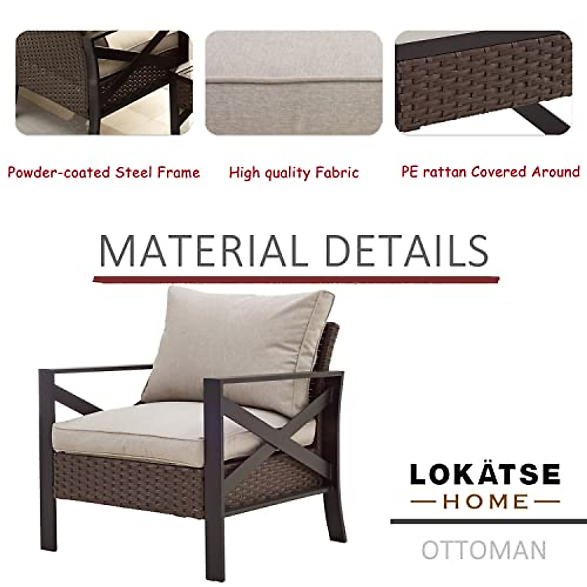LOKATSE HOME Outdoor Single Wicker Sofa Armchair, Patio Bistro Rattan Chair with Side X Shaped Steel Frame Leg, Thick Cushion, Brown
