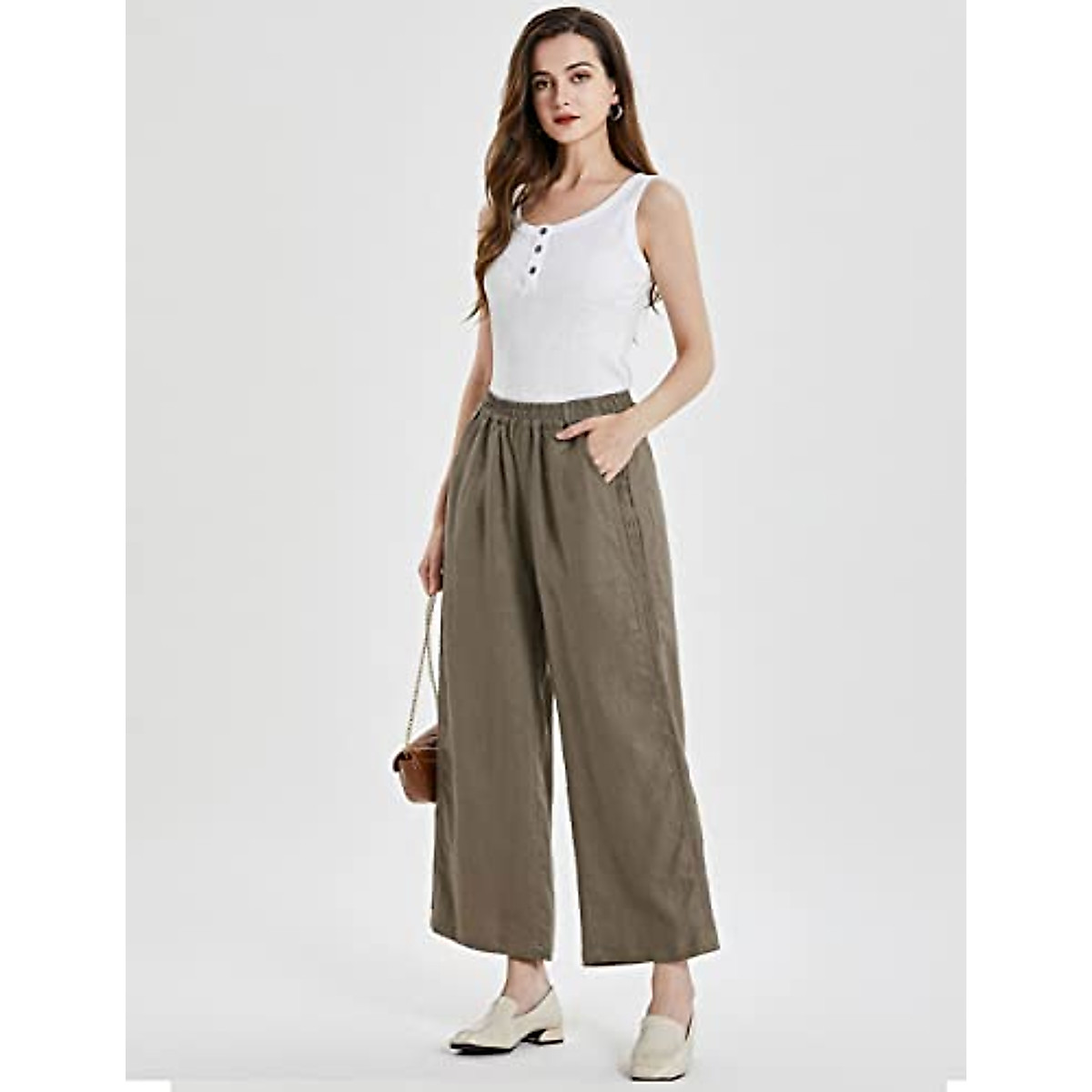 IXIMO Women's 100% Linen Pants Elastic Pleated Wide Leg Straight Fit Palazzo Pants Capri Style_ Dark Khaki XL