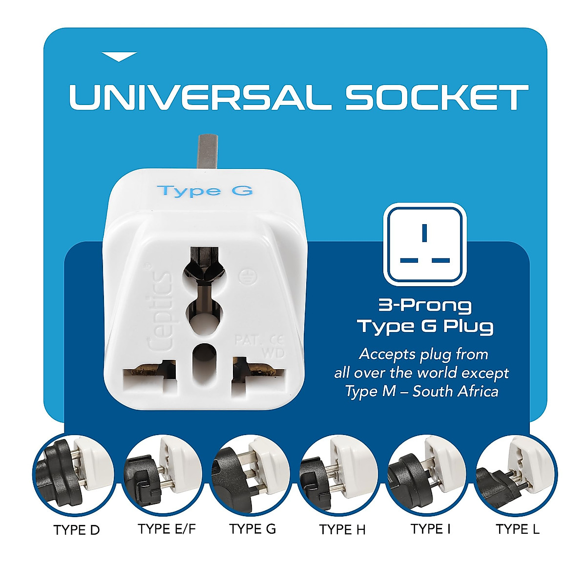 Ceptics UK, Hong Kong, Ireland, UAE Travel Plug Adapter (Type G) - 3 Pack [Grounded & Universal] (GP-7-3PK), White, Standard