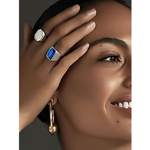 KeyStyle Blue Sapphire Large Rings For Men, Diamond Cut Created Stone Signet Rings Size 12