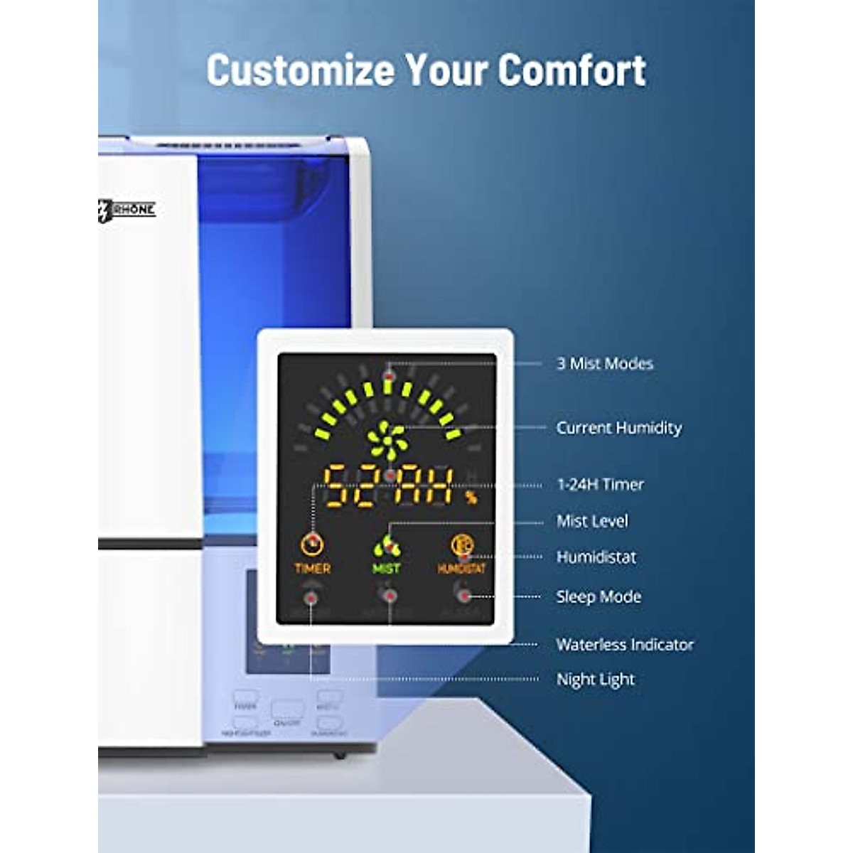 Humidifiers for Bedroom, Upgrade 4L Cool Mist Humidifiers with Humidistat, PARIS RHÔNE Smart Vaporizer humidifier for Home Large Room, LED Display, Quiet Operation, Sleep Mode, 24H Timer, Night Light