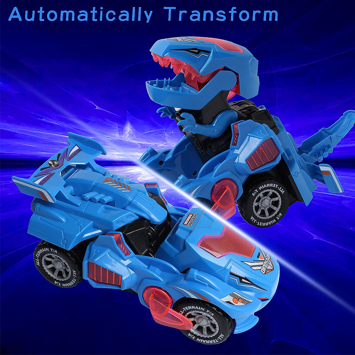 huwairen Dinosaur Toys for 3-6 Year Old Boys for Kids Transforming Dinosaur Car with LED Light and Music Gifts for 4-7 Year Old (Blue)