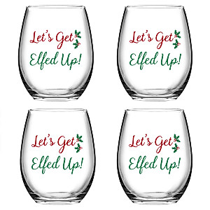 Modwnfy Funny Christmas Wine Glass Set, Let's Get Elfed Up Xmas Stemless Wine Glass for Women Friends Family Coworker, Good Wine Glasses for Christmas Wedding Birthday Party, Set of 4 (15 Oz)