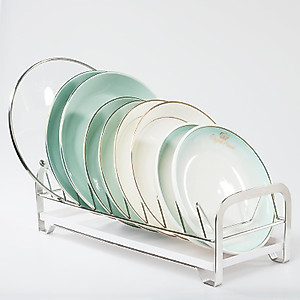 DorineRack Small Dish Drying Rack with Drain Tray, Space Saving Plate Organizer for Kitchen Cabinet,Anti-Rust Stainless Steel Pot Lid Organizer for Kitchen Sink (Single)