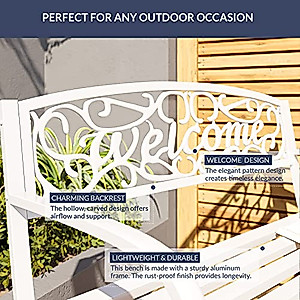 BELLEZE Outdoor Bench, 50-inch Patio Outdoor Garden Bench Cast Iron Metal Loveseat Chairs for Park, Porch, Lawn, Balcony, Backyard, Garden Accessories Antique Seat Furniture Welcome Design, White