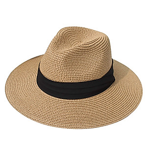 DRESHOW Women Panama Hat Fedora Beach Sun Wide Brim Straw Roll up Hat UPF 50+