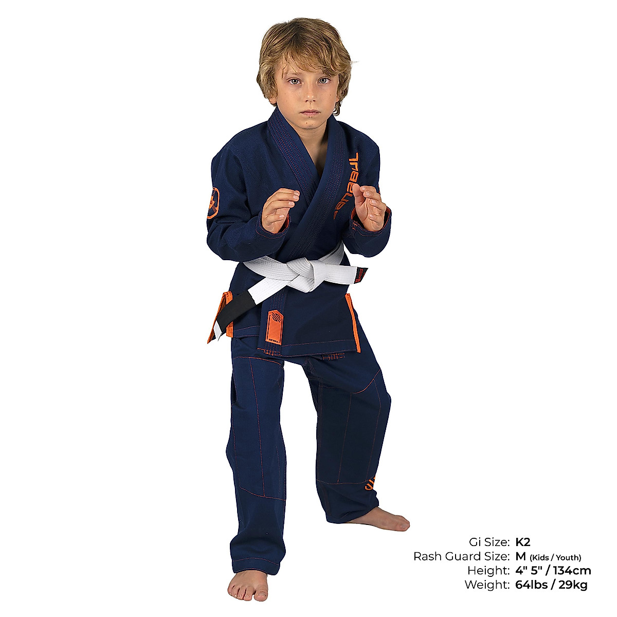 Sanabul Future Legends BJJ Gi for Kids Jiu Jitsu Gi Kimono for Children Youth Preshrunk Fabric & BJJ White Belt Included - Navy/Orange, K1