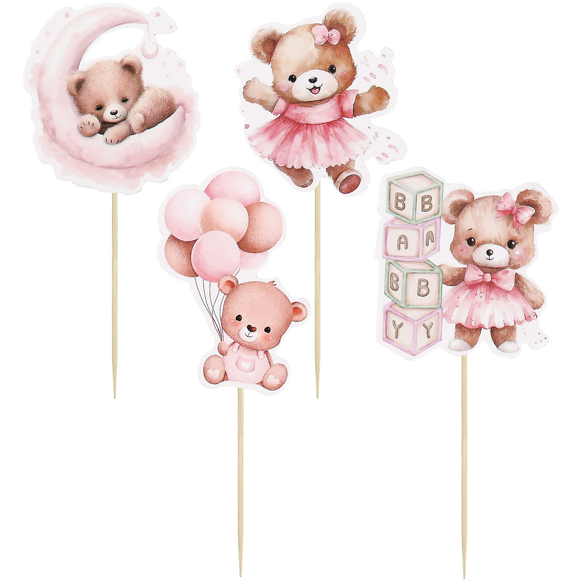 Gyufise 36Pcs Baby Shower Bear Cupcake Toppers Moon Baby Bear Baby Shower Cake Topper Decorations Jungle Animal Theme Baby Shower Birthday Party Cake Supplies Pink