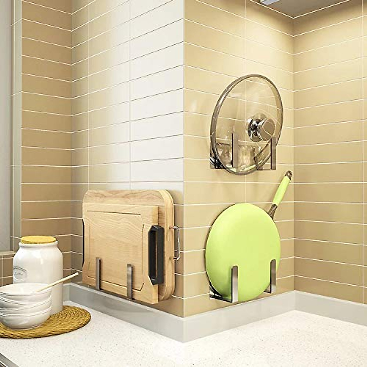 Pot Lid Rack, Wall Mounted 304 Stainless Steel Pan Lid Organizer Holder, 3M Self Adhesive, Kitchen Cooking Utensil Tool (Silver, Set of 2)