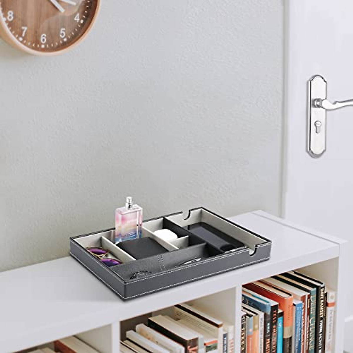 Procase PU Valet Tray for Dad Gift from Son Daughter - Nightstand Organizer EDC Dump Catchall Trays with Phone Charging Station, Dresser Top Entryway Faux Leather Storage Box -Black