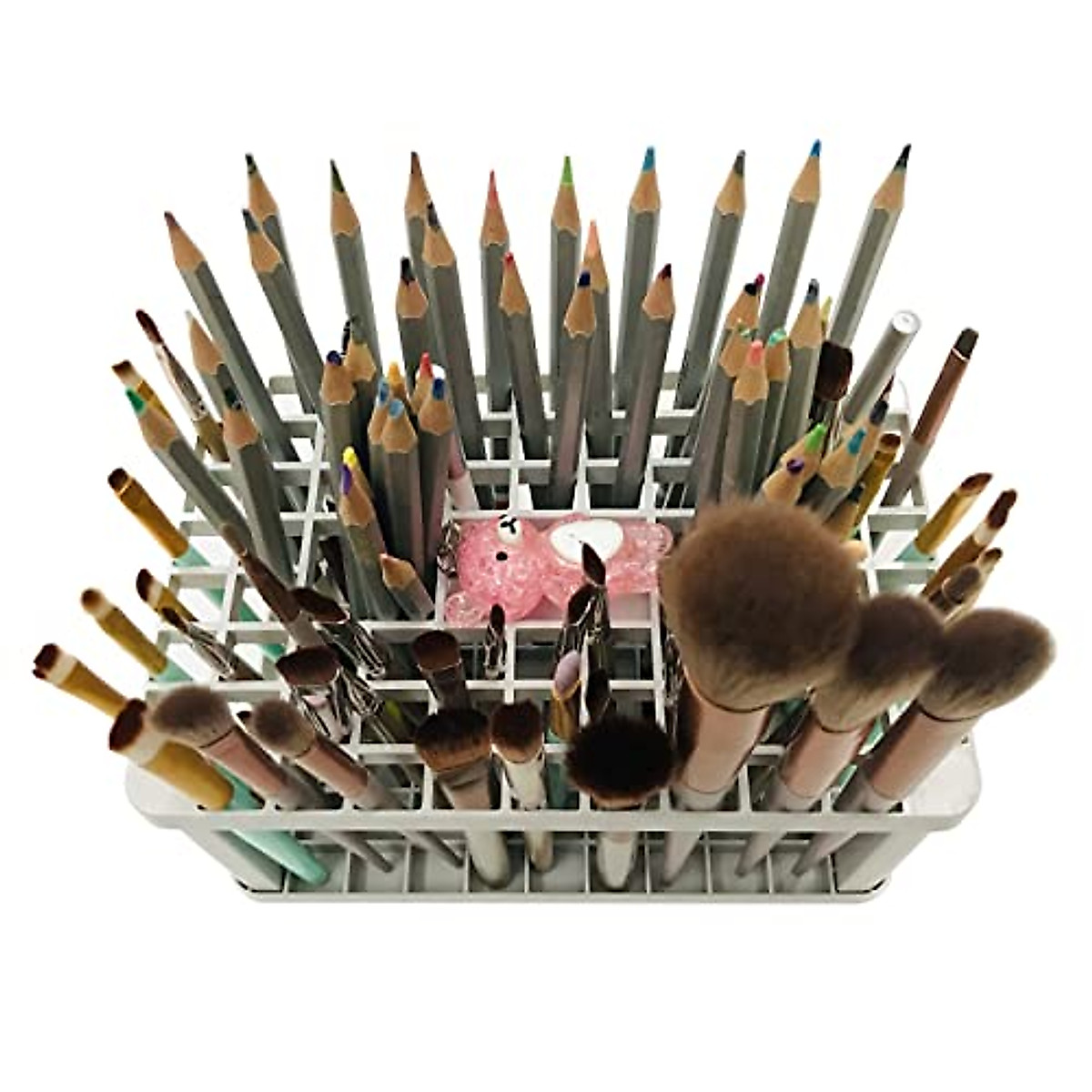 Pen Holder for Desk Rectangle 72 Holes Plastic Makeup & Painting Brush Holders Crate Organizer for Pencil, Paintbrush, Cosmetic Brushes Grey