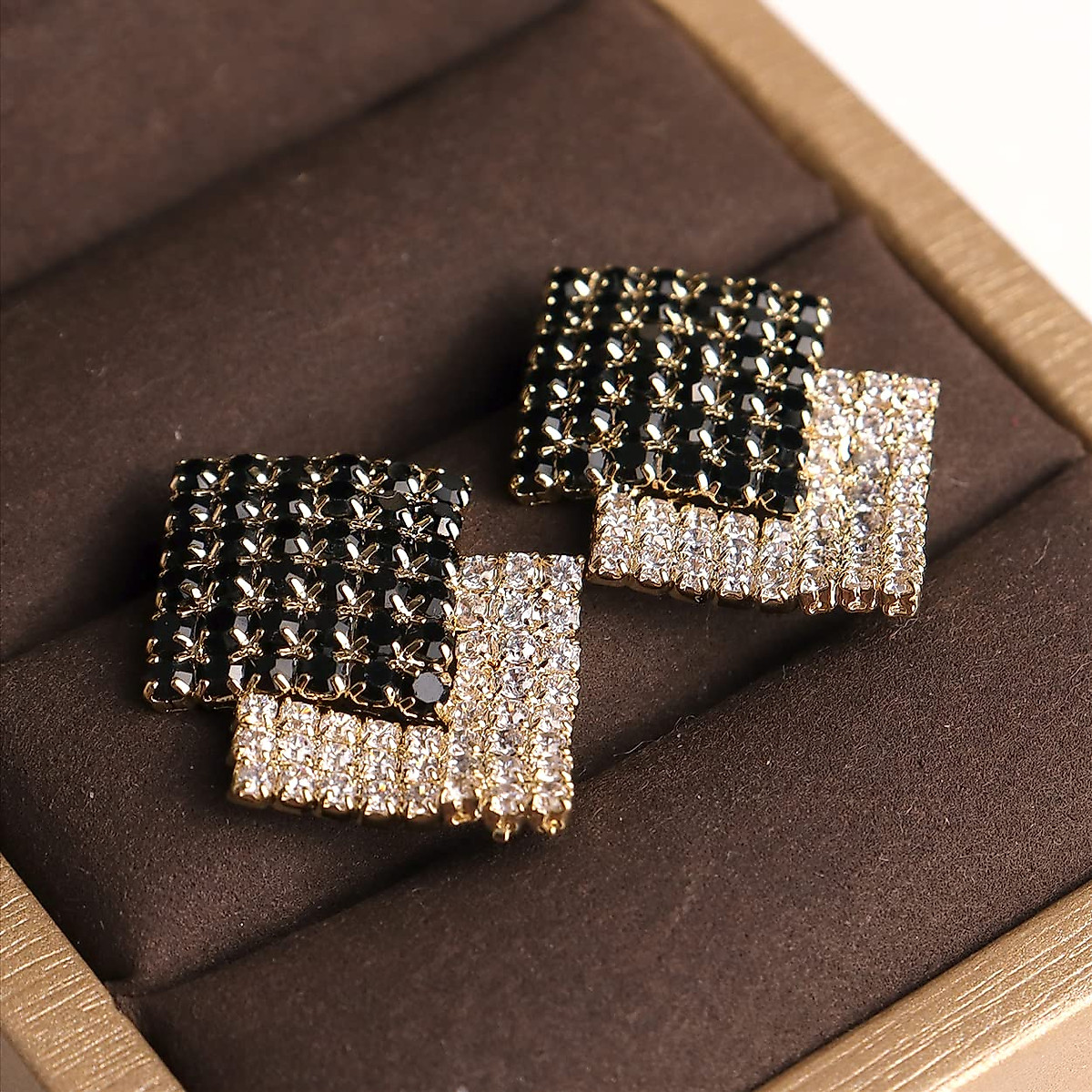 Sonateomber Black Silver Layered Rhombus Statement Stud Earrings for Women - Sparkly Cubic Zirconia Vintage Jewelry Gift
