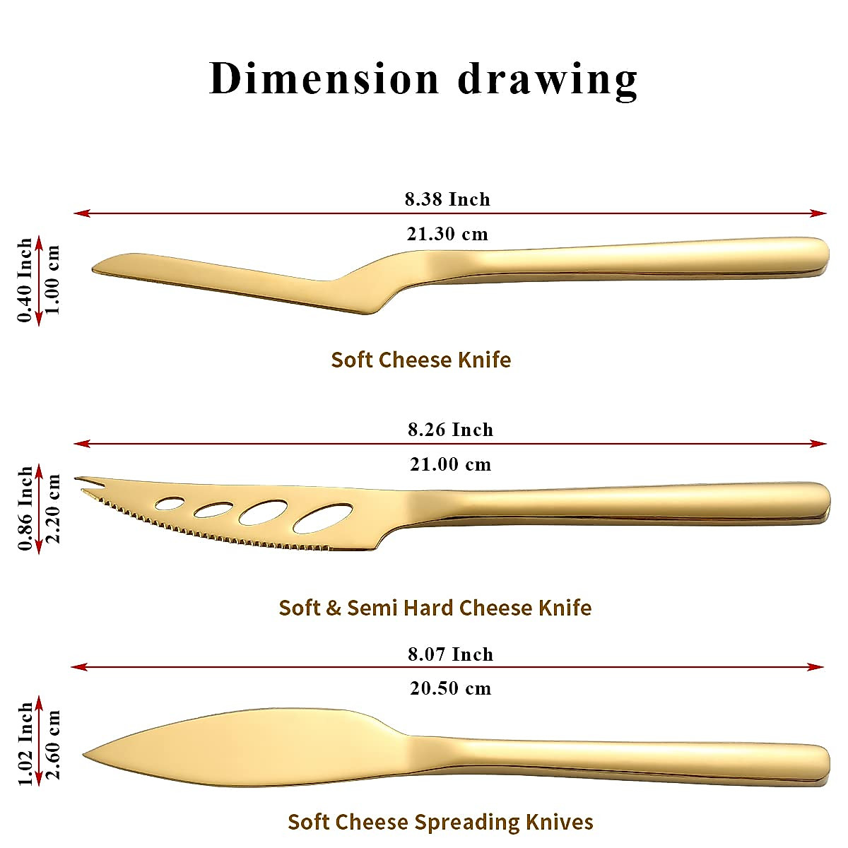 Kyraton Gold Cheese Knife Set of 3, Ergonomic Design Titanium Golden Plated Cheese Slicer, Butter Knife Spreader, Cheese Cutter, Cheese Knives for All Type of Cheese