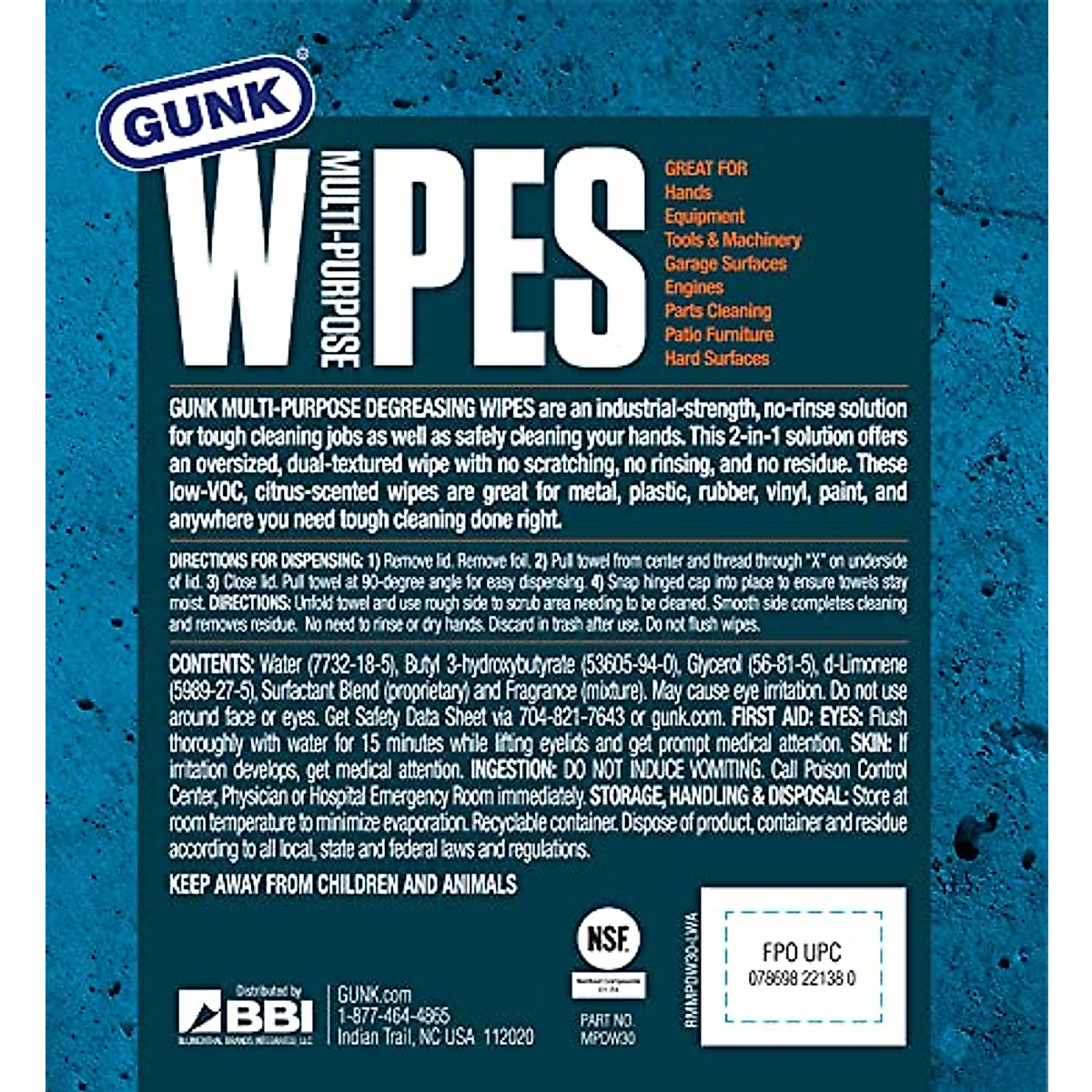 GUNK MPDW30 Multi-Purpose Degreasing Wipes 30-Count 8 x 12 inch 2-Sided Smooth or Scrubby Texture