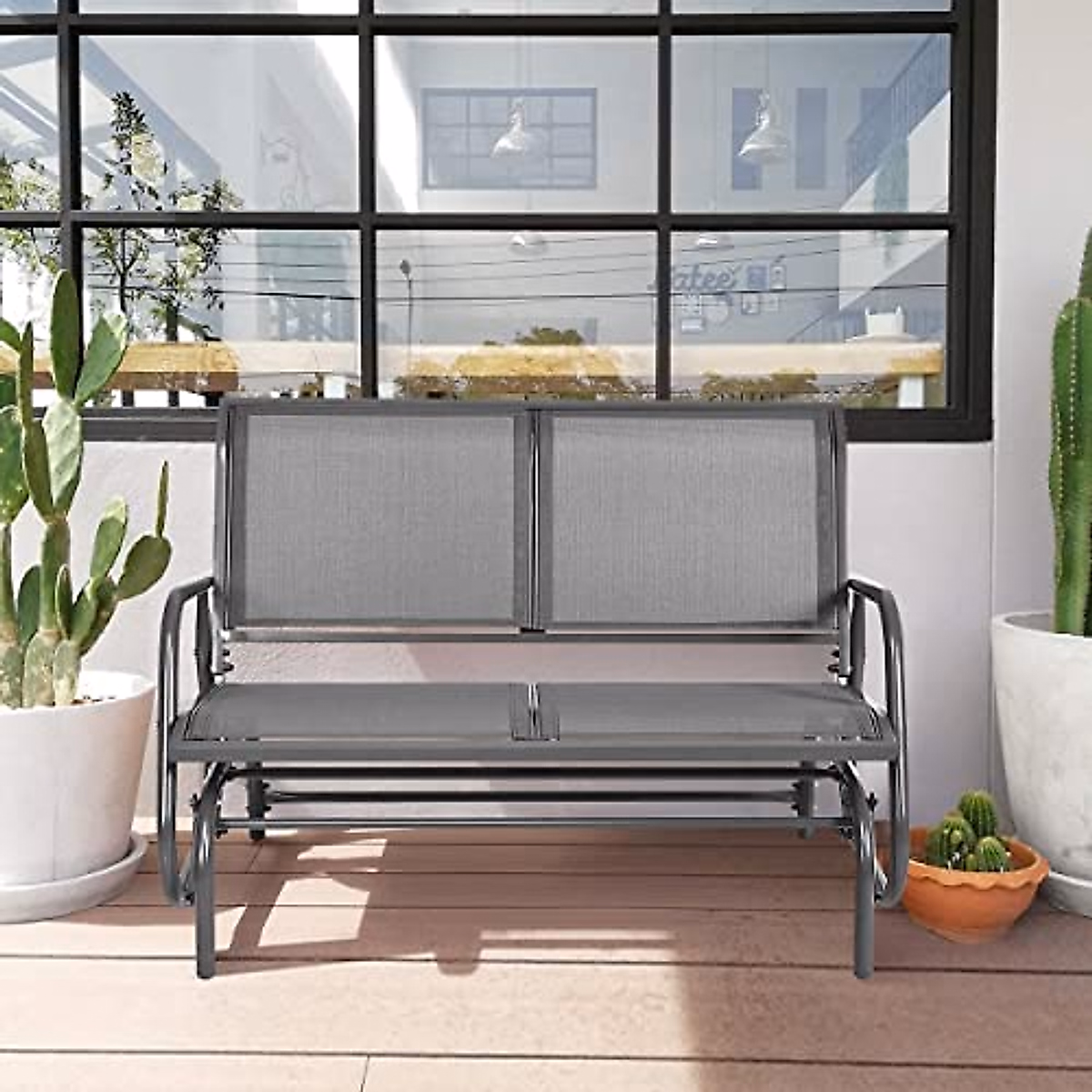 LUARANE Swing Glider Chair, Heavy-Duty Steel Frame 2-Person Outdoor Swing Bench, Sliding Rocker Double Seat Suitable for Backyard, Garden, Poolside, Lawn (Grey)