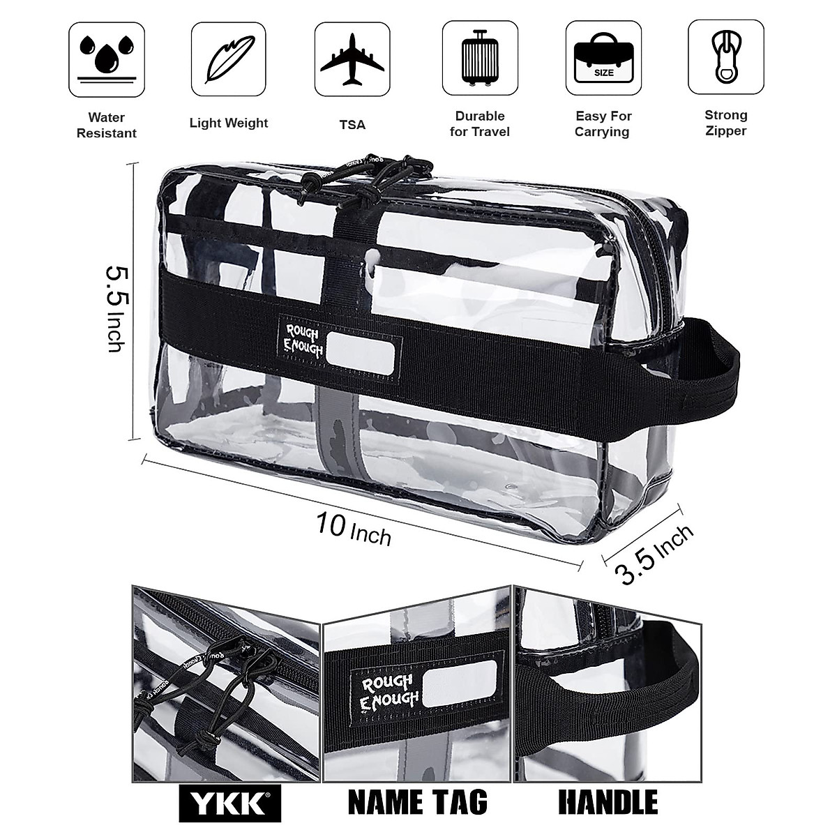Rough Enough Clear Toiletry Bag Travel Makeup Cosmetic Bags Organizer Case for Toiletries with Zipper Pockets and Handle