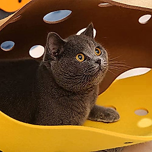 Cat Tunnels Bed, Foldable Pet Tunnel Tube Bed with Holes, DIY Cats Play Mat Cat Activity Rug Toy for Interactive/Exercise Felt Cloth Random Combinations and Infinite Extension (Grey Yellow)