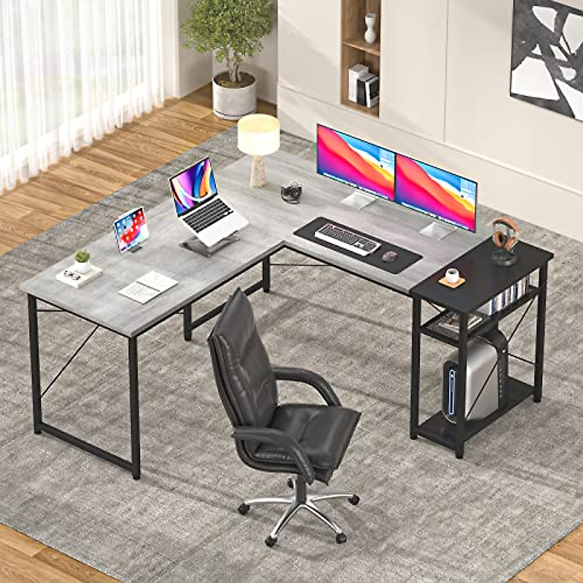 Foxemart L-Shaped Computer Desk, Industrial Corner Desk Writing Study Table with Storage Shelves, Space-Saving, Large Gaming Desk 2 Person Table for Home Office Workstation, Gray Oak and Black