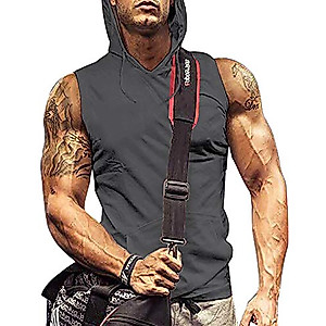 iWoo Mens Workout Hooded Tank Tops Sleeveless Gym Hoodies Shirts Dark Grey S