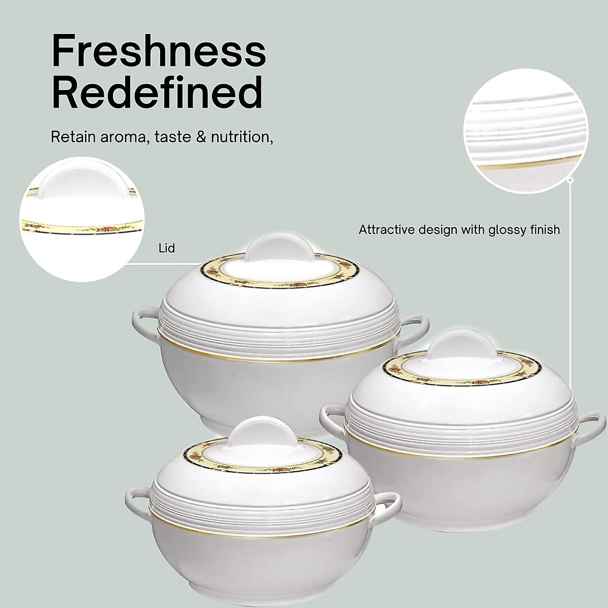 Tmvel Ambient Insulated Casserole Hot Pot Hot Pack Food Warmer 3 Pieces Set (Beige) 1.6 L, 2.5 L, 3.5 L