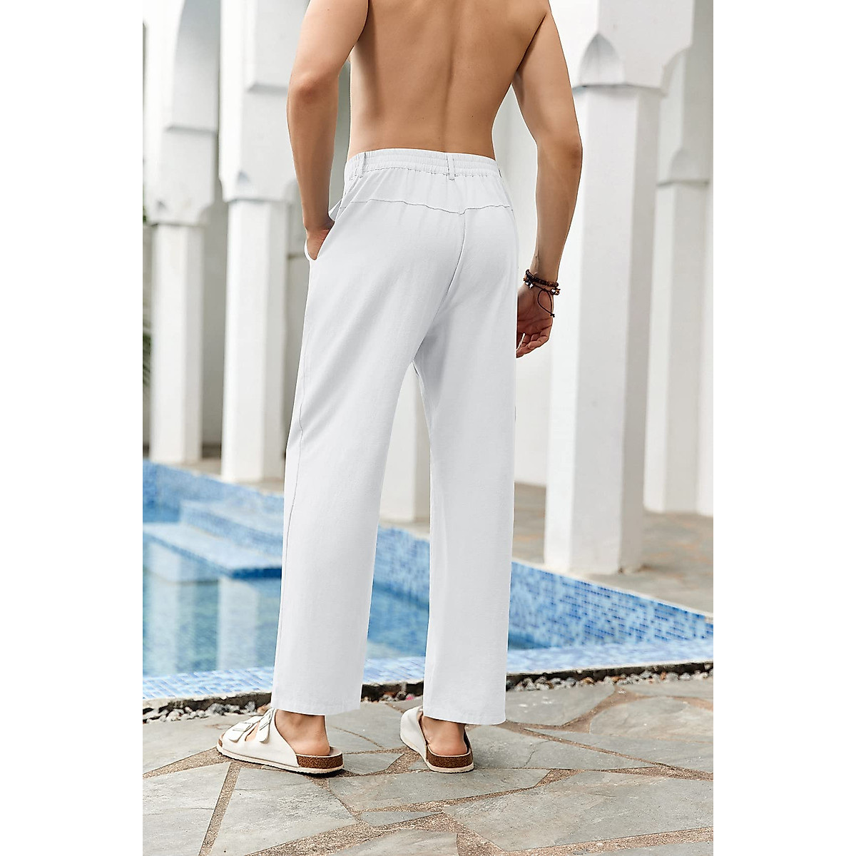 PASLTER Men's Linen Pants Elastic Waist Straight Leg Loose Fit Lightweight Yoga Casual Beach Trousers with Pockets White