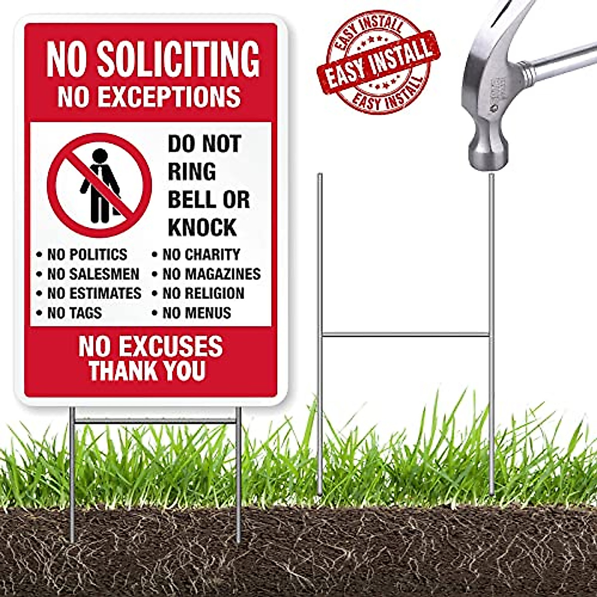 No Solicitation Sign, 18" x 9" with H Metal Stakes, Funny Decor for Home House Yard, No Excuses, No Exceptions Do Not Ring Bell No Knock Sign (H Stake)