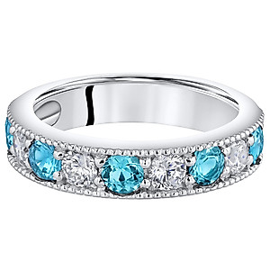 PEORA London Blue Topaz 4mm Milgrain Half-Eternity Anniversary Wedding Ring Band for Women 925 Sterling Silver, Natural Gemstone Birthstone, 0.75 Carat total Round Shape, Size 6