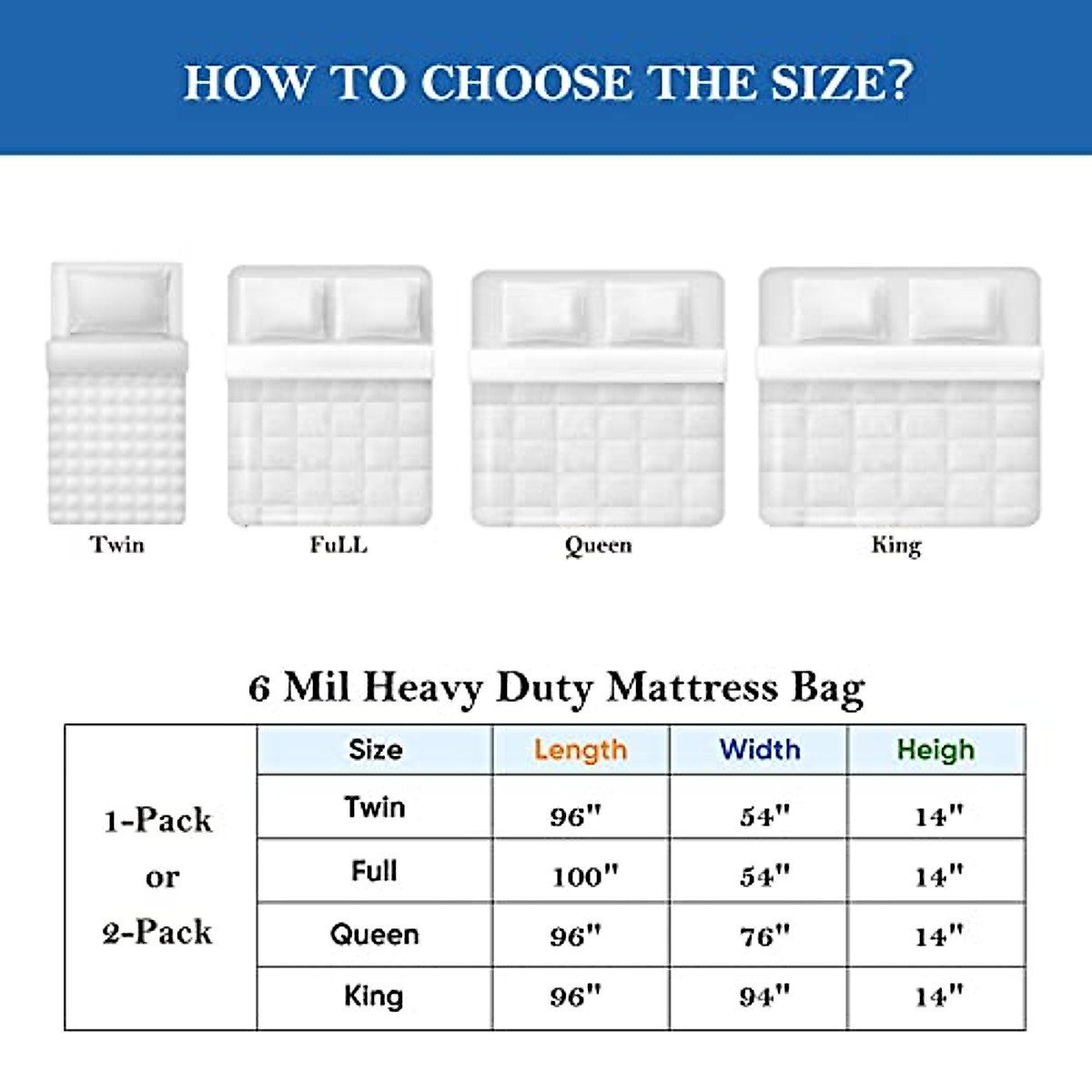 Mattress Bags for Moving, [1-Pack] Twin Size Mattress Storage Bag - 6 Mil Heavy Duty Waterproof Mattress Cover Protector for Storage and Disposal - 54 x 96 Inch