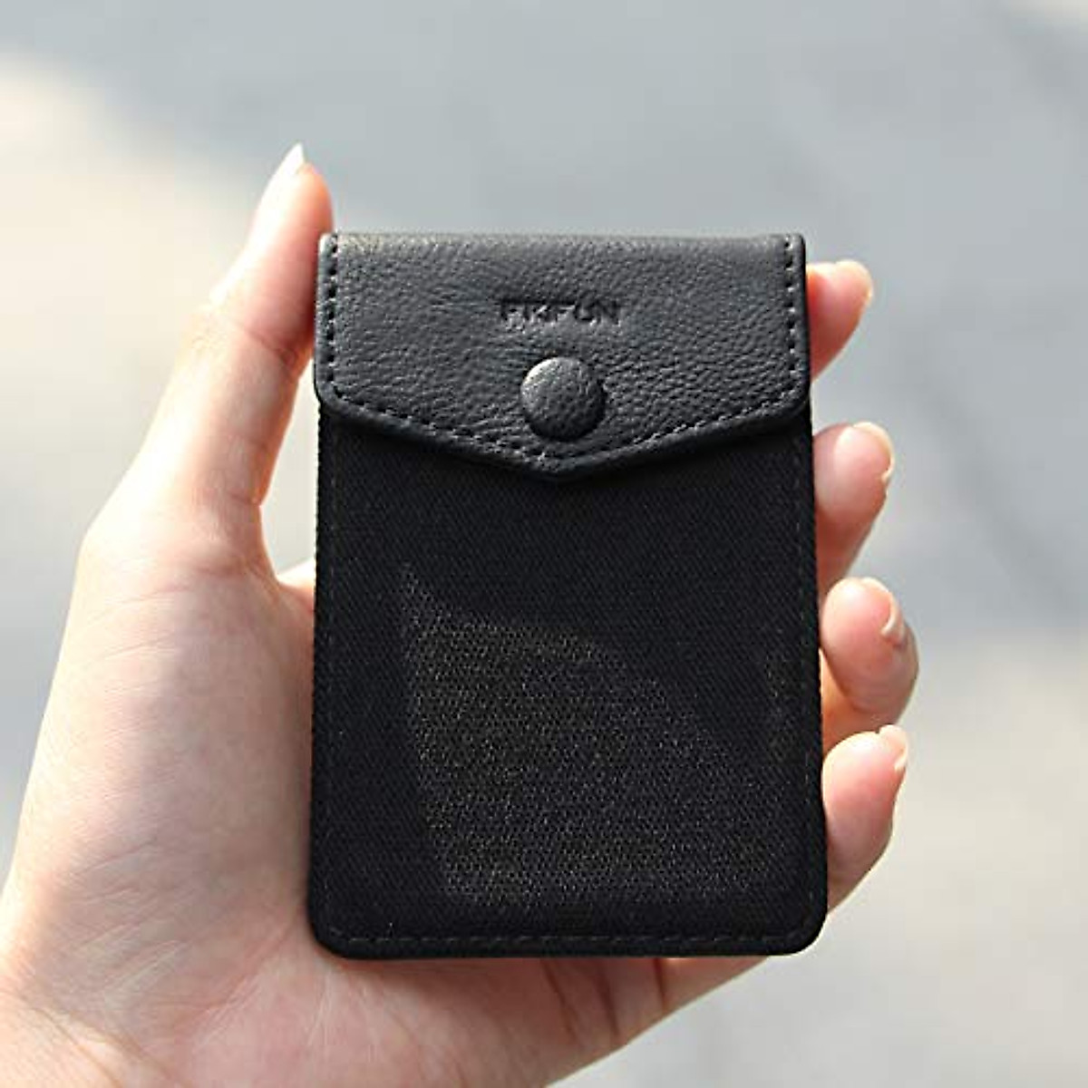 FRIFUN Card Holder for Back of Phone with snap Ultra-Slim Self Adhesive Phone Wallet Stick on Cell Phone Android All Smartphones RFID Blocking Sleeve Covers Credit Cards and Cash (Black)