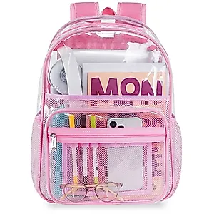 Mancro Clear Backpack for Girls, TPU Transparent Bookbag Heavy Duty See Through School Bag with 14 Inches Laptop Compartment, See Through School Backpack, Pink