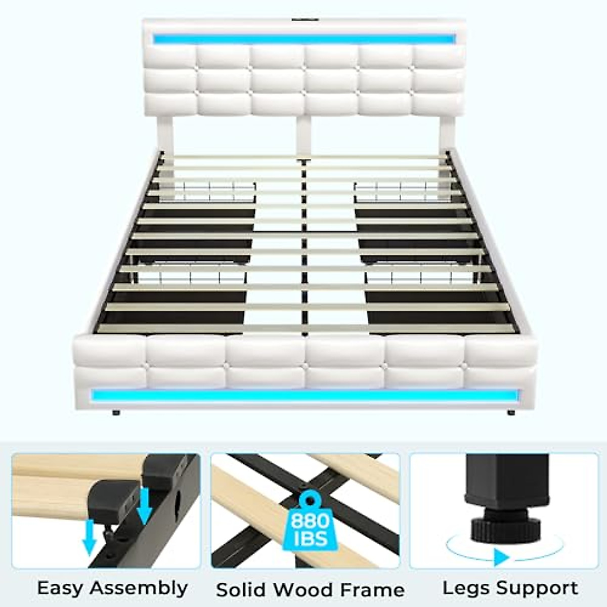 BTHFST Queen LED Bed Frame with Headboard, Faux Leather Platform Bed Frame with 2 USB Charging Station & Storage Drawers, No Squeak, White