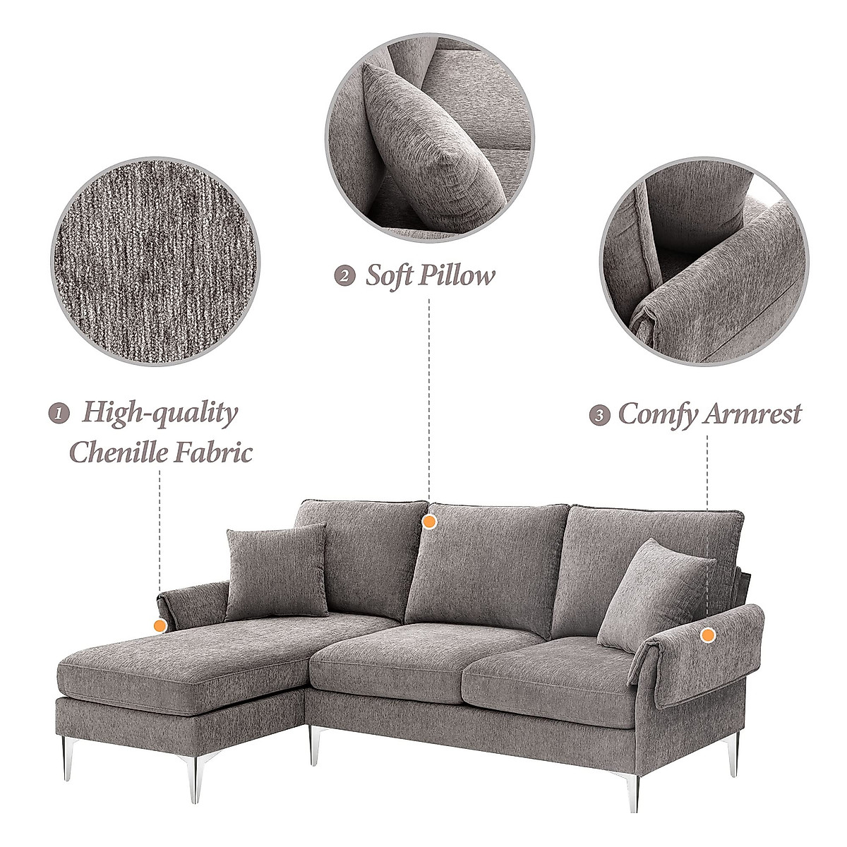 KoiHome 84" Convertible Sectional 2 Pillows, Modern Chenille L-Shaped Couch with Reversible Chaise Lounge, 3-Seater Sleeper Sofa, Fit for Living Room,Office,Apartment, Polyester, Grey