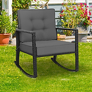 RELAX4LIFE Wicker Outdoor Rocking Chair - All Weather Rattan Rocker Patio Chair w/Steel Frame Removable Cushions & Armrest, Rocker Chair Outdoor Furniture for Backyard Porch Poolside (1, Grey)