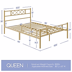 Yaheetech Queen Size Metal Platform Bed Frame Mattress Foundation with Headboard and Footboard No Box Spring Needed Under Bed Storage Steel Slats Antique Gold