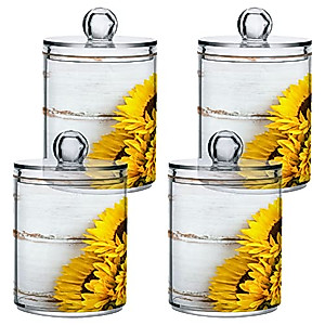 ALAZA Yellow Sunflower Wooden Plank 2 Pack Qtip Holder Dispenser 14 Oz Clear Plastic Apothecary Jar Containers Jars Bathroom for Cotton Swab, Ball, Pads, Floss, Vanity Makeup Organizer