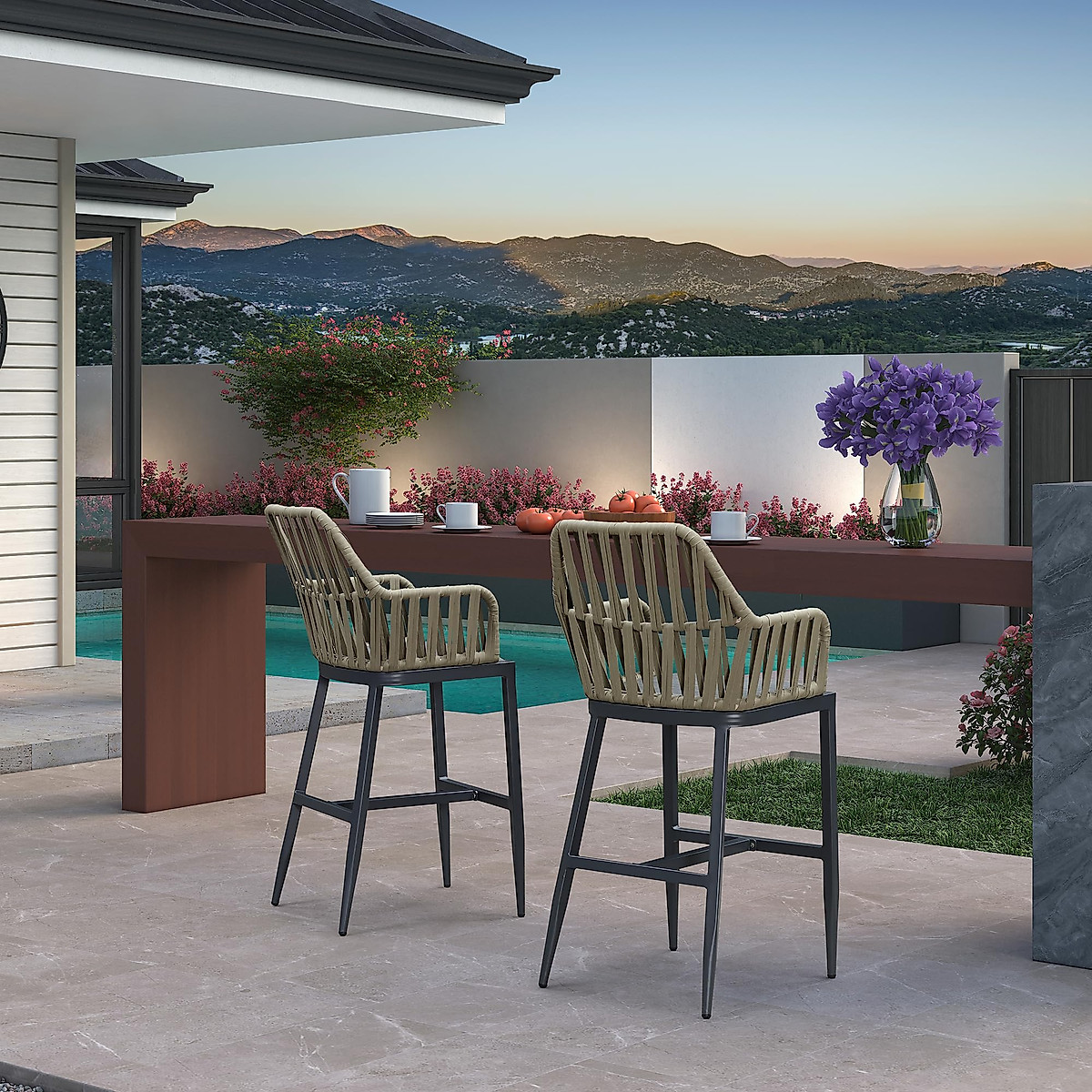 PURPLE LEAF Bar Stool Set of 2 Bar Height Stools with Back Modern Bar Chairs Wicker Woven Tall Barstools Dark Grey Bar Stool Chairs