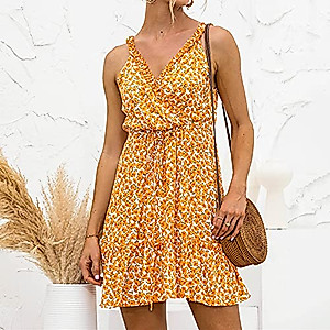 Casual Beach Dresses for Summer Ruffled Floral Women's Dress Dexy Mini Suspender Dress V-Neck Women's Dress (Orange, M)