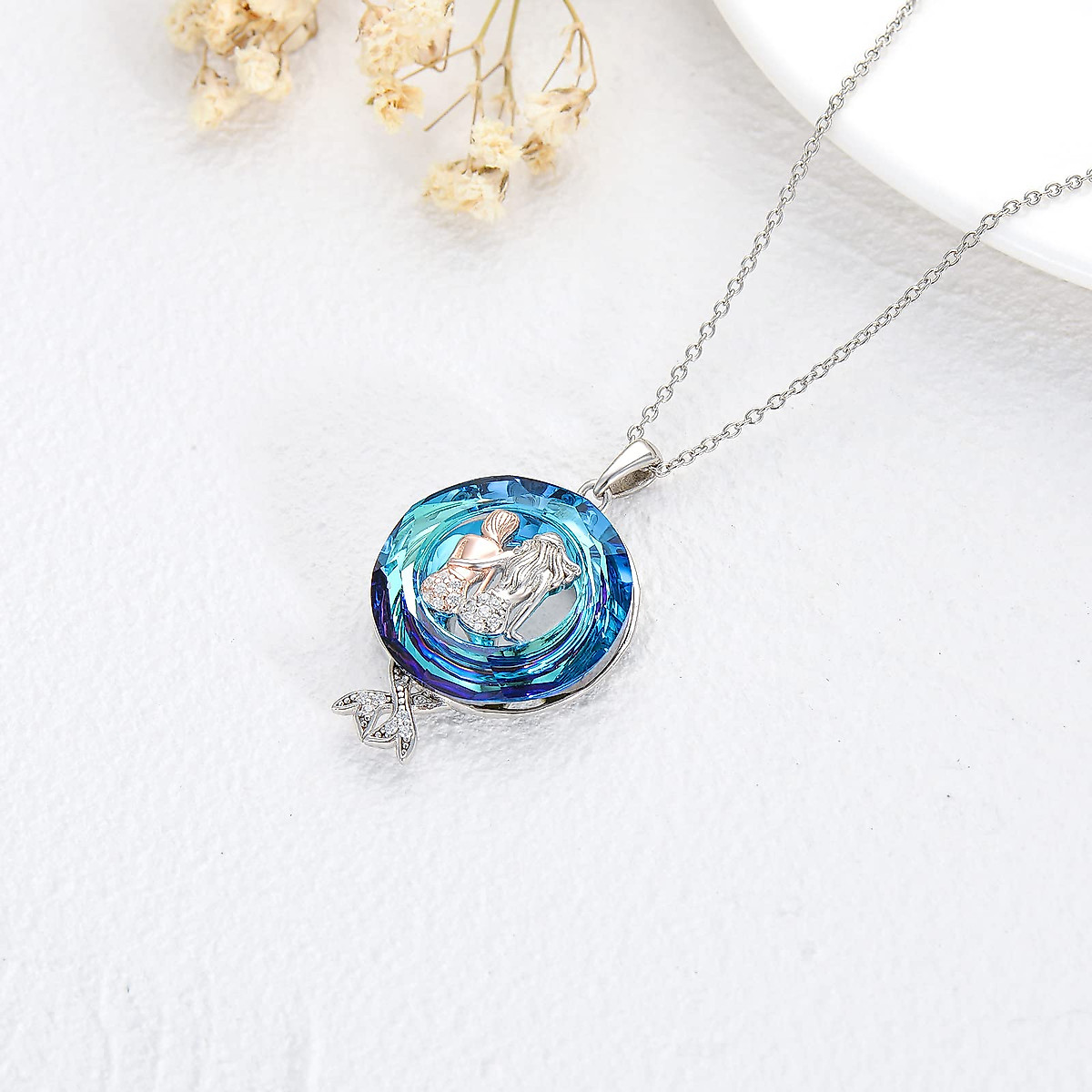 MONGAS Mermaid Necklace 925 Sterling Silver with Crystal Mermaid Sister Christmas Jewelry Gifts for Women