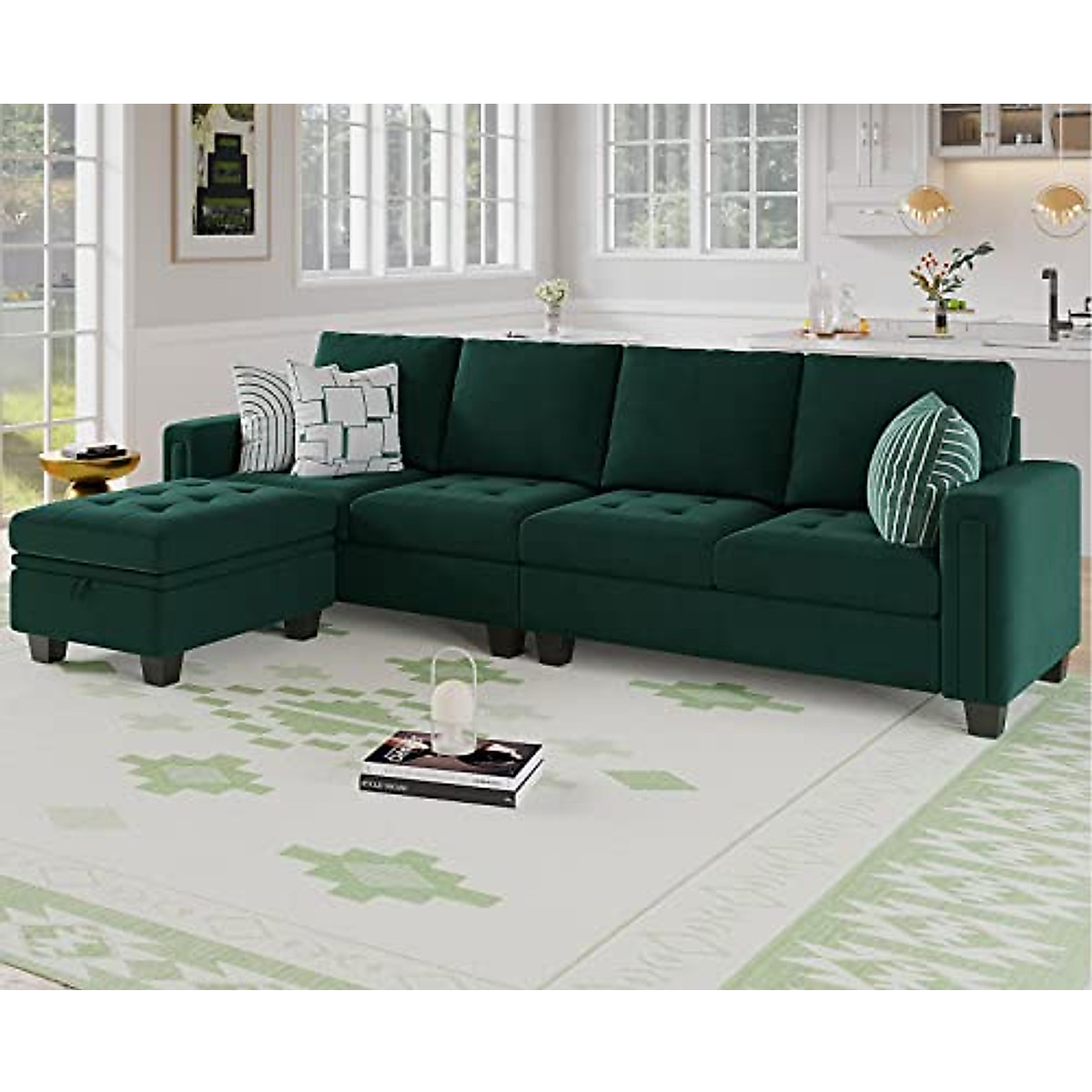 Belffin Velvet Reversible Sectional Sofa with Chasie Convertible Couch Storage Ottoman L Shaped 4-seat Green