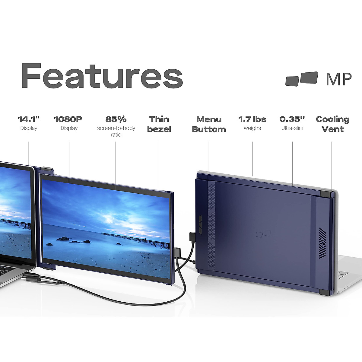 Duex Max Blue Portable Monitor with Adhesive, Mobile Pixels 14.1" Full HD 1080P IPS Auto Rotated Laptop Screen Extender, USB A/Type-C USB Powered Plug and Play