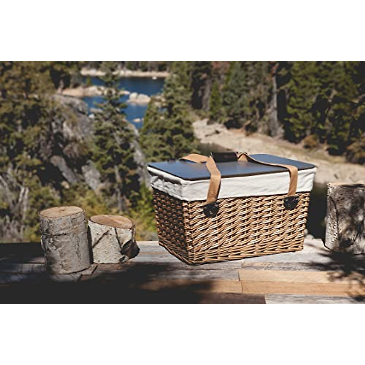 PICNIC TIME Canasta Wicker, Picnic Basket for 2, 18.9 x 13.8 x 11, Beige Canvas With Brown Lid